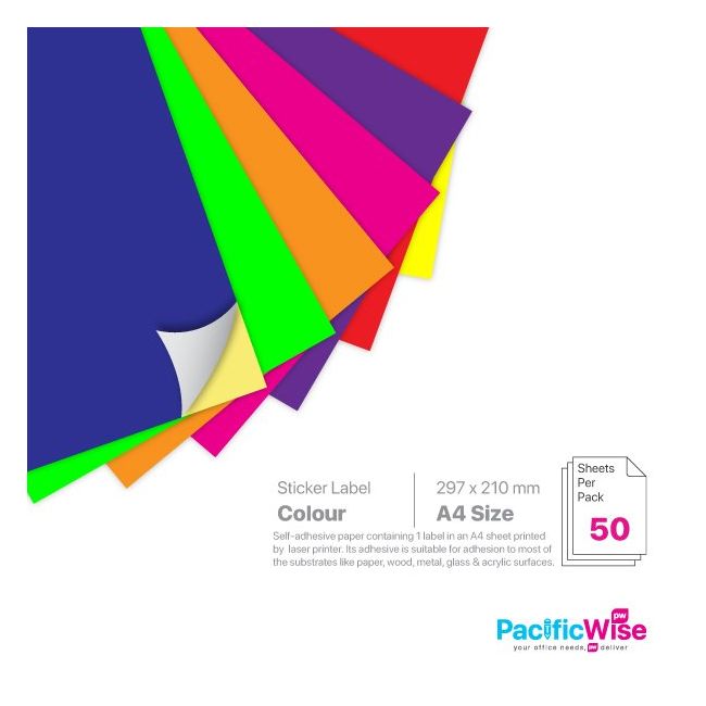 A4 Simili Colour Sticker Label 1 Up 210mm x 297mm (50'S)
