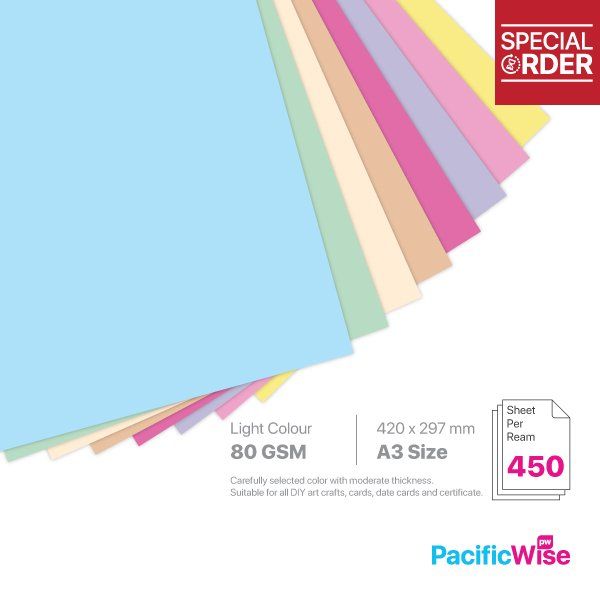 A3 Colour Paper 80GSM Light Colour (450'S)